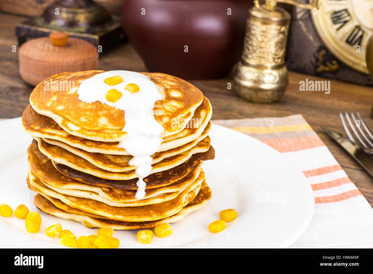 Tasty Pancakes Stack with Sweet Corn Studio Photo Stock Photo - Alamy