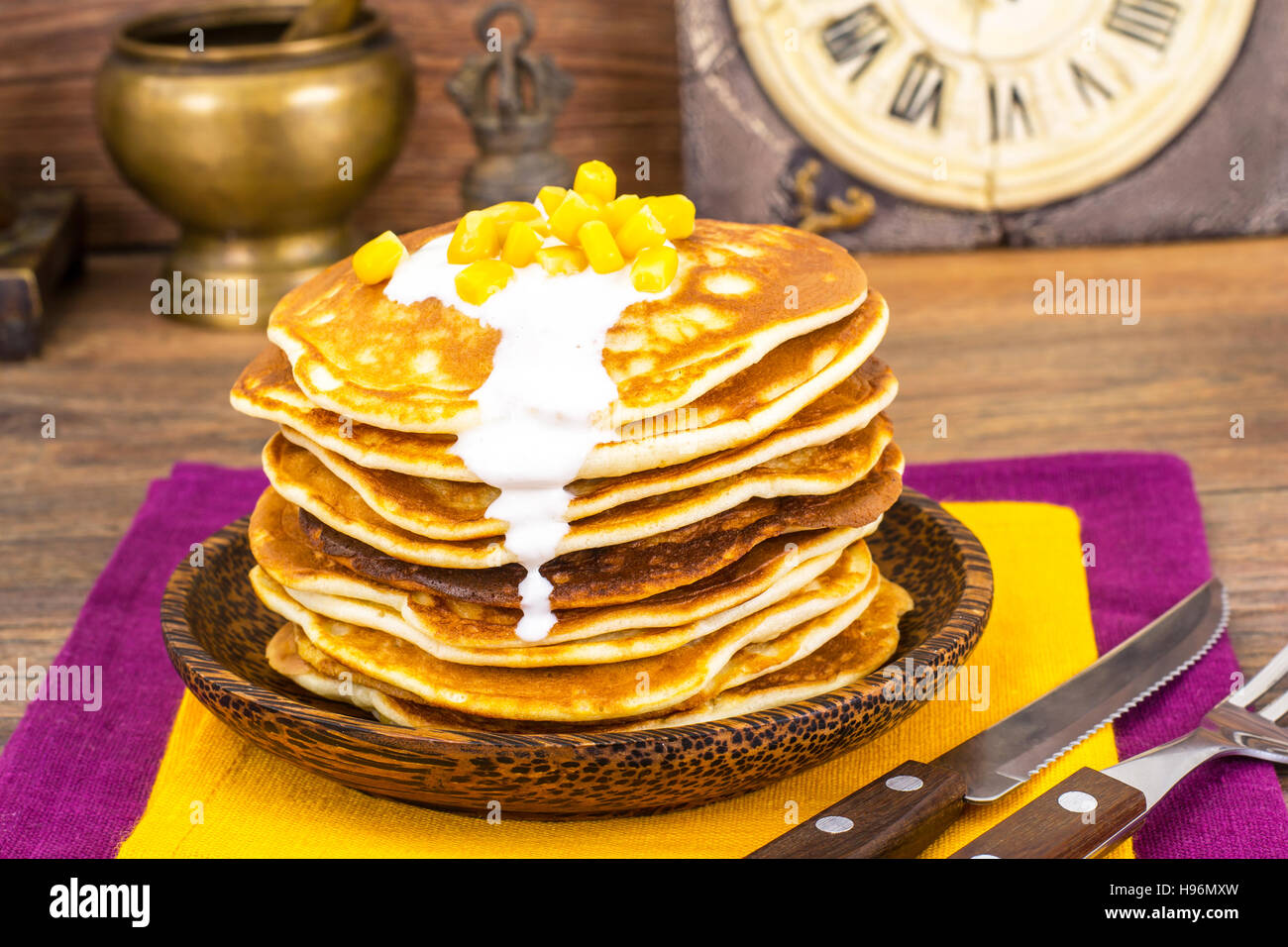 Tasty Pancakes Stack with Sweet Corn Studio Photo Stock Photo - Alamy