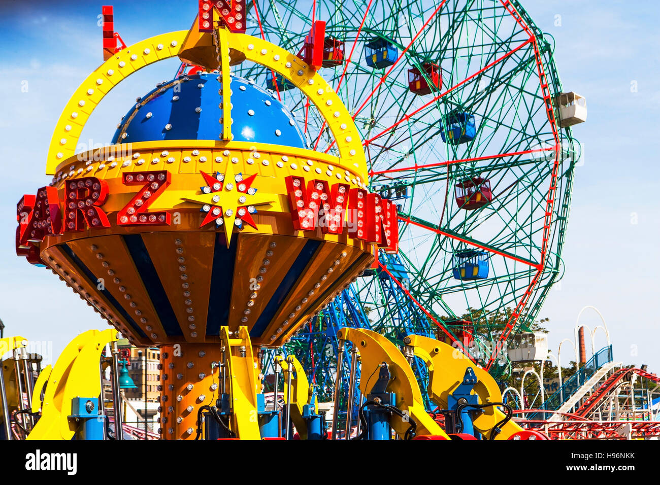USA, New York State, New York City, Ferris wheel in amusement park ...