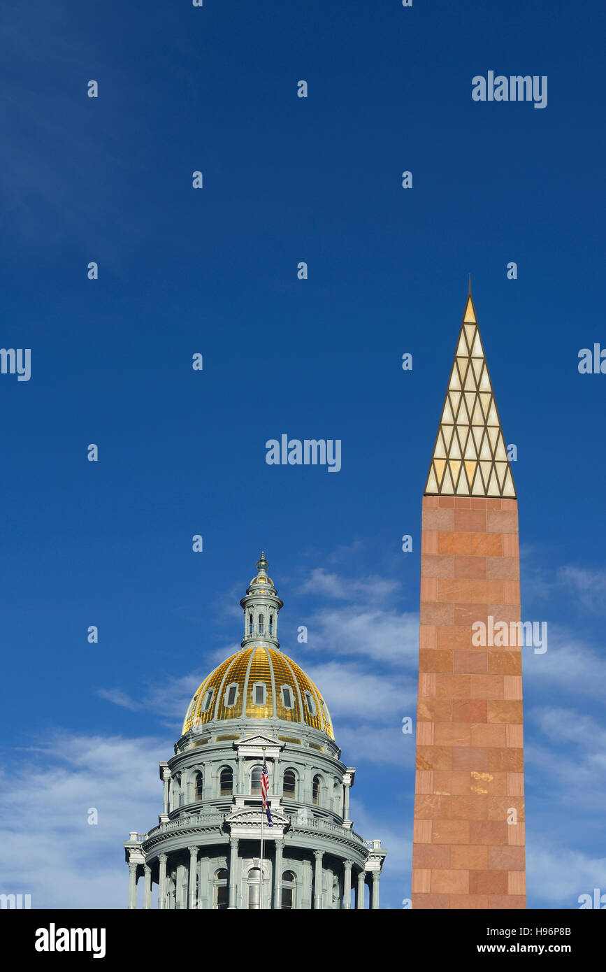 USA, Colorado, Denver, Capitol State building and Veterans monument ...