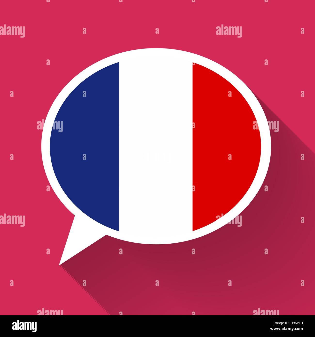 White speech bubble with France flag and long shadow on pink background ...