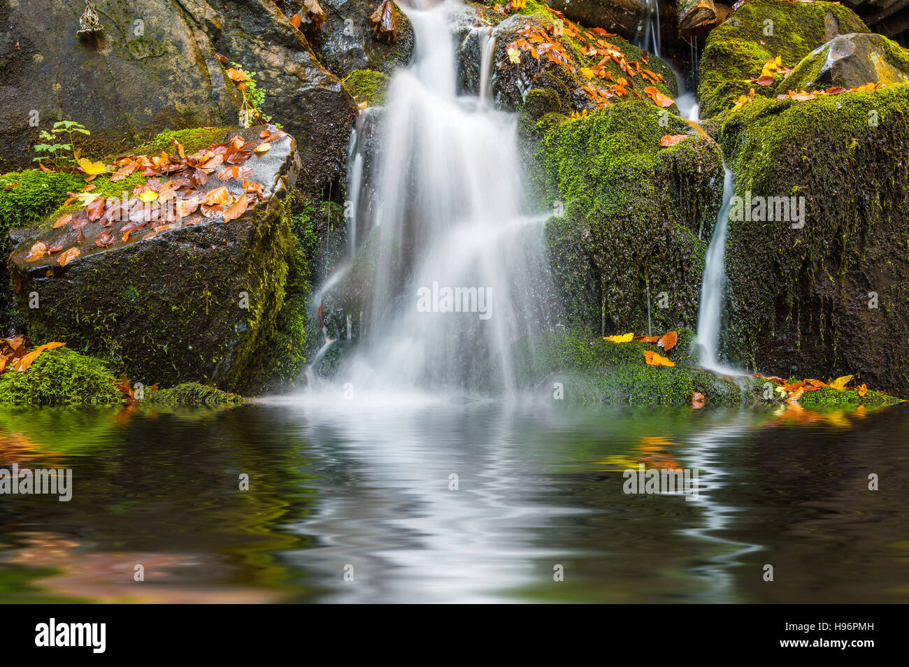 Beautiful autmn waterfall reflection in lake, landscape Stock Photo - Alamy