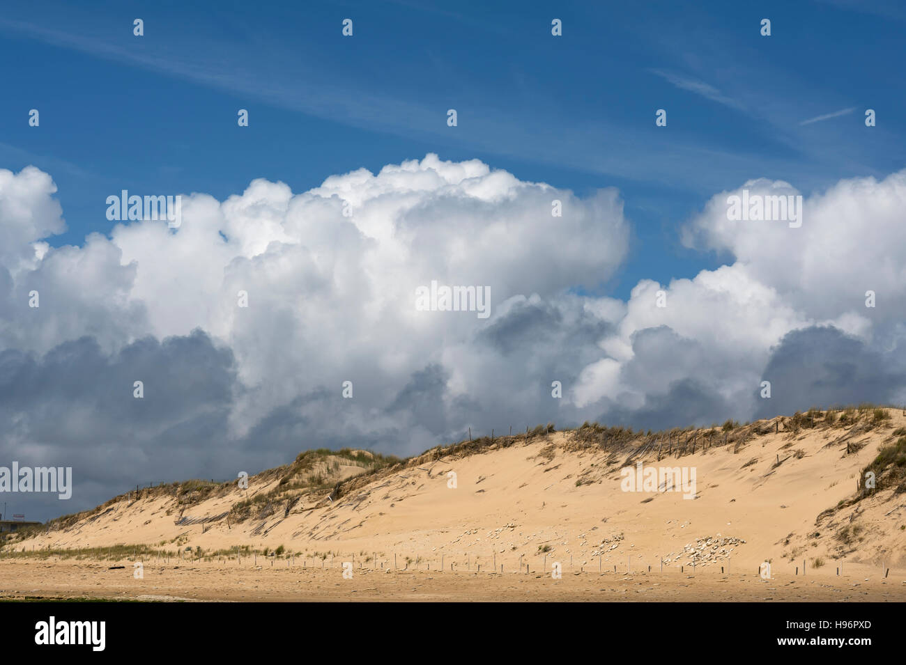 Dune with cumulus clouds (cumulus), Atlantic Coast, La Tranche sur Mer ...