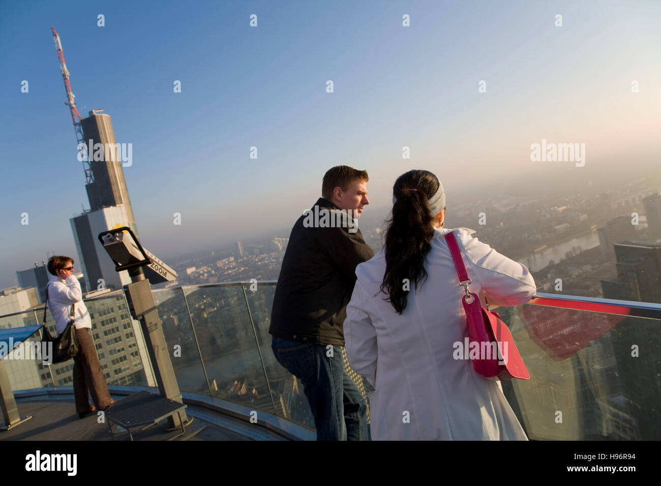 Couple on the Maintower, view of Frankfurt, Hesse, Germany Stock Photo ...