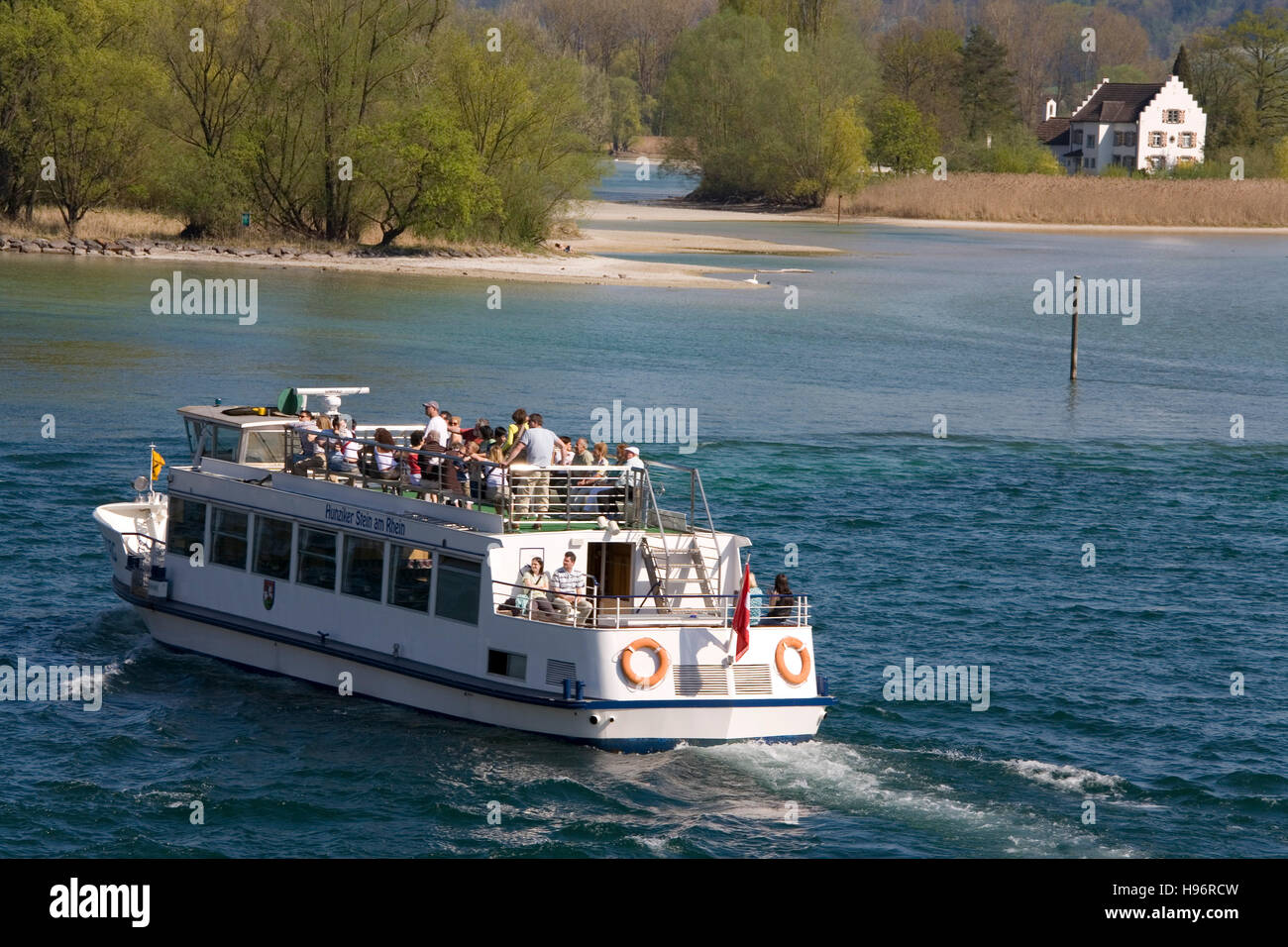Excursion ship on the Rhine river, view of Werd island, Stein am Rhein ...
