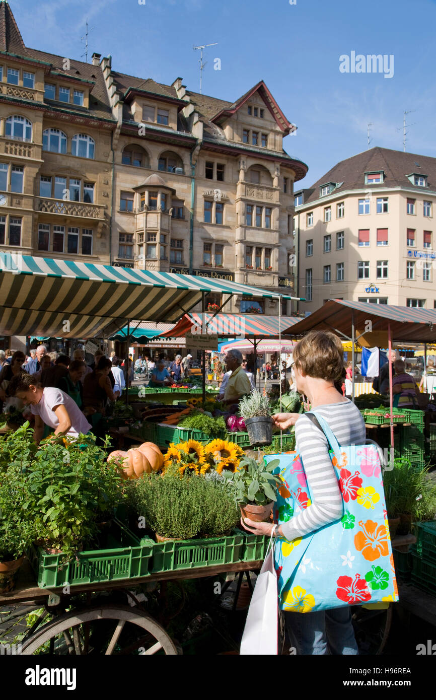 Customer at a market stall, herbs, market, Marktplatz Square, Basel ...