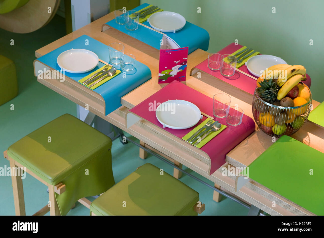 Laid table in Cantine Bio du Hi Hotel restaurant, organic restaurant in ...