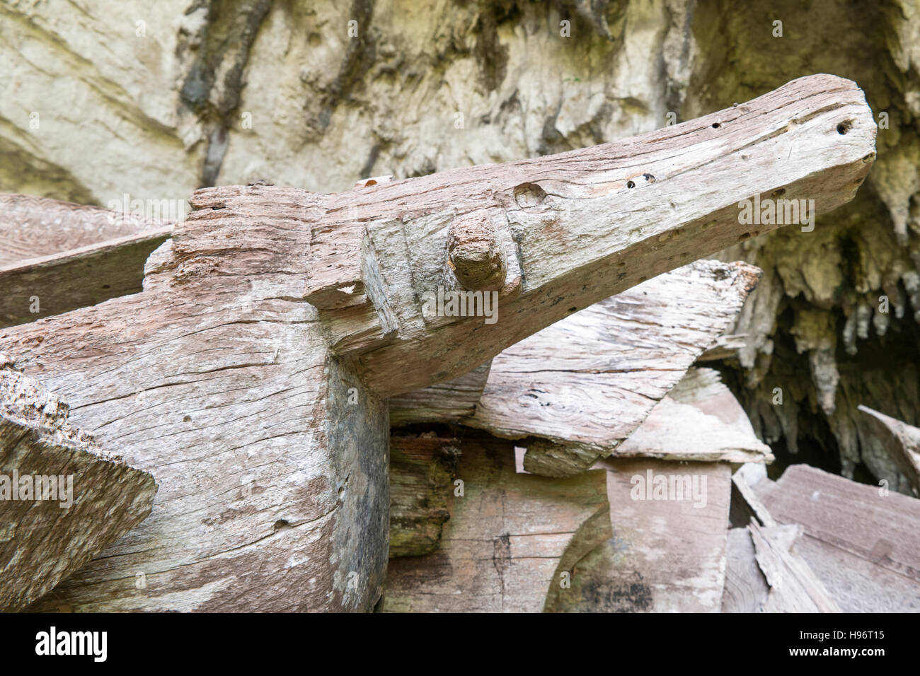 Hundred tousand years wood carving on hanging coffin and stone ...