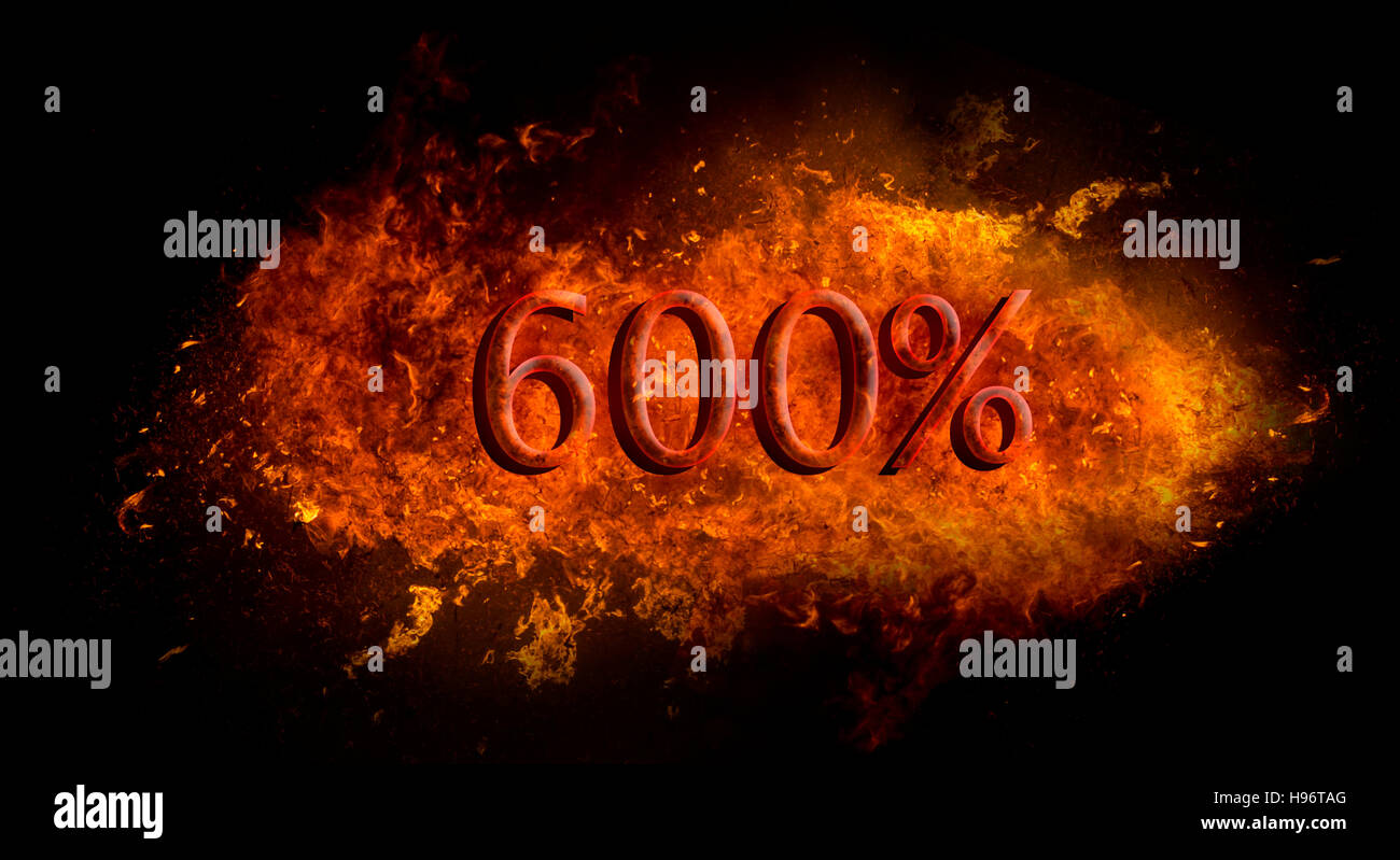 Red 600 percent % on fire flame explosion, black background Stock Photo ...