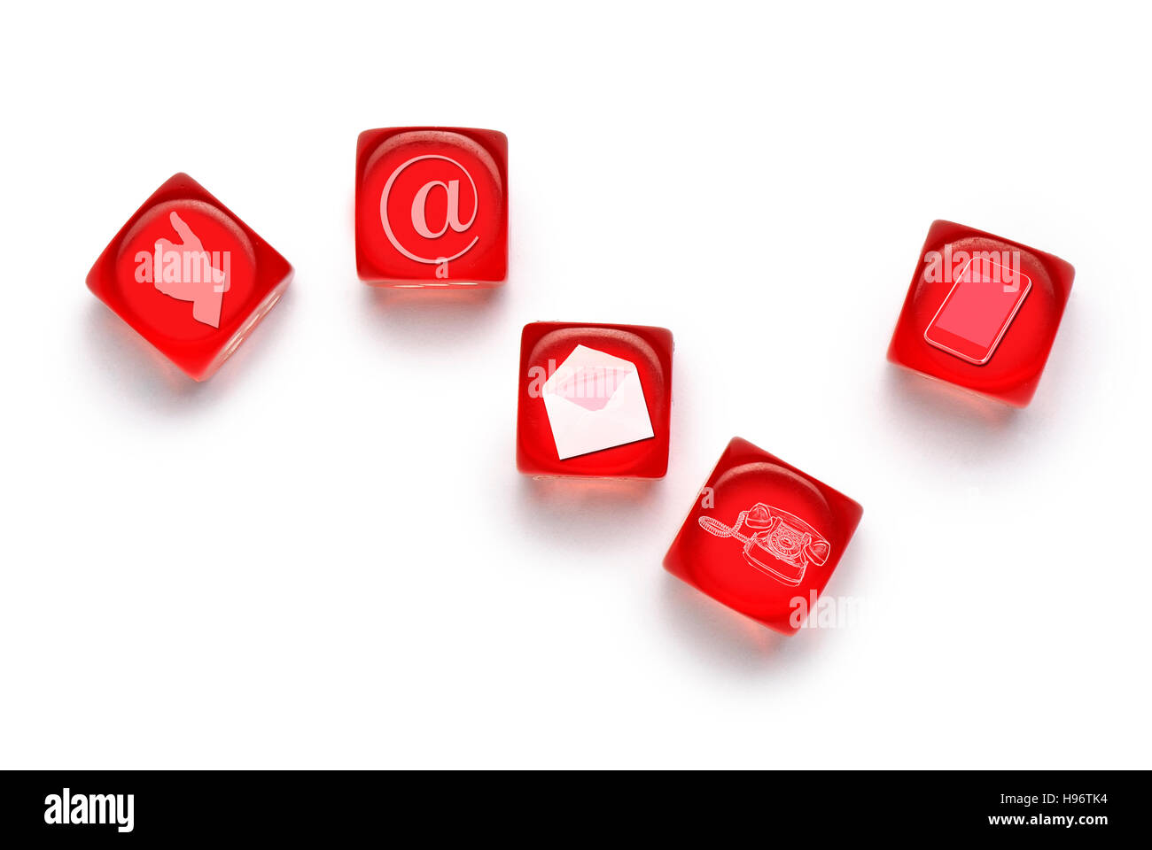 Five red dice with web symbol, view from above on white Stock Photo - Alamy