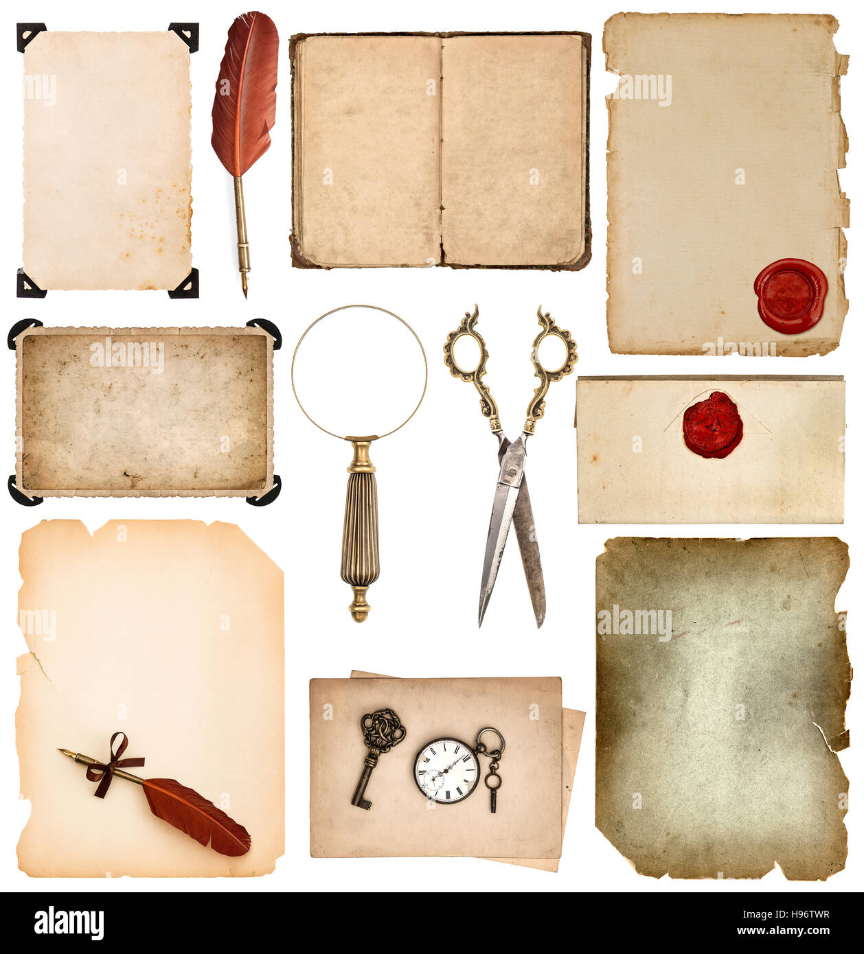 Set of used paper sheets with edges. Vintage book pages, cards, photo ...