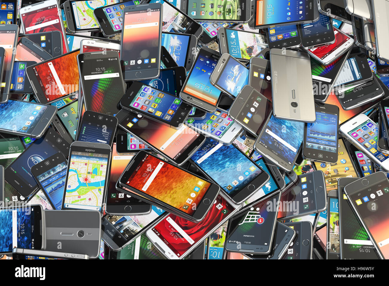 Choose mobile phone. Heap of the different smartphones with different ...