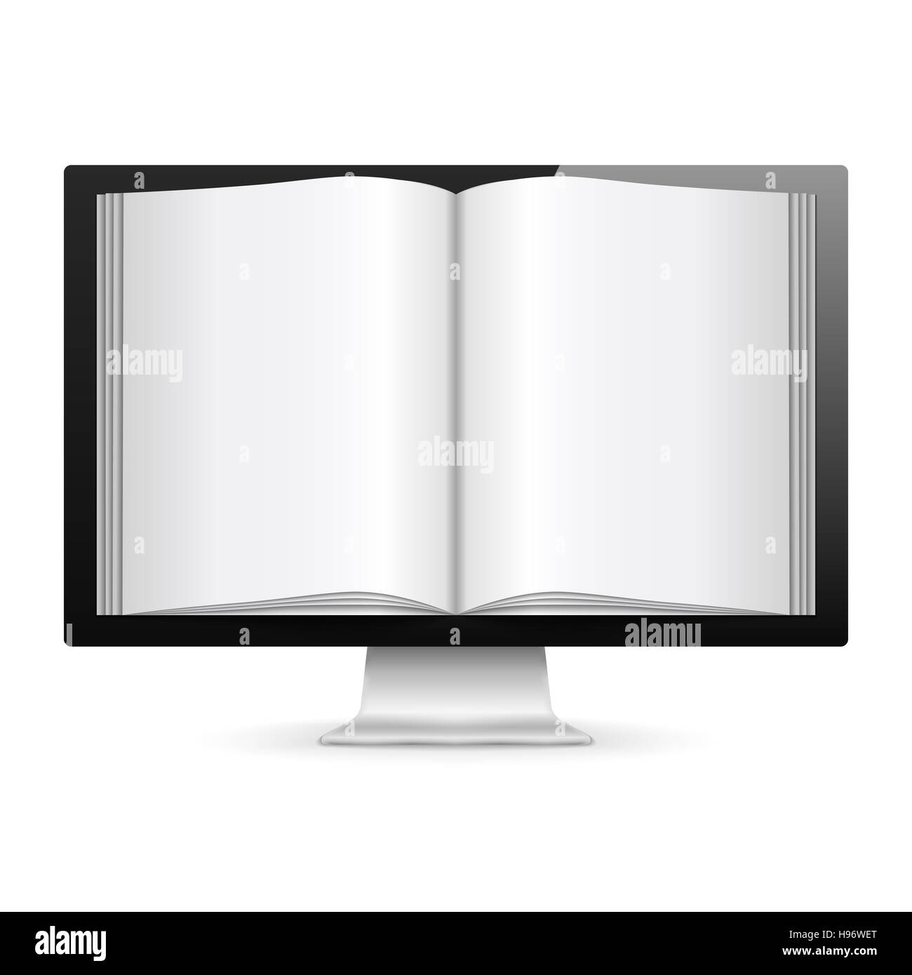 Computer monitor with open book with blank pages, e-book concept Stock ...