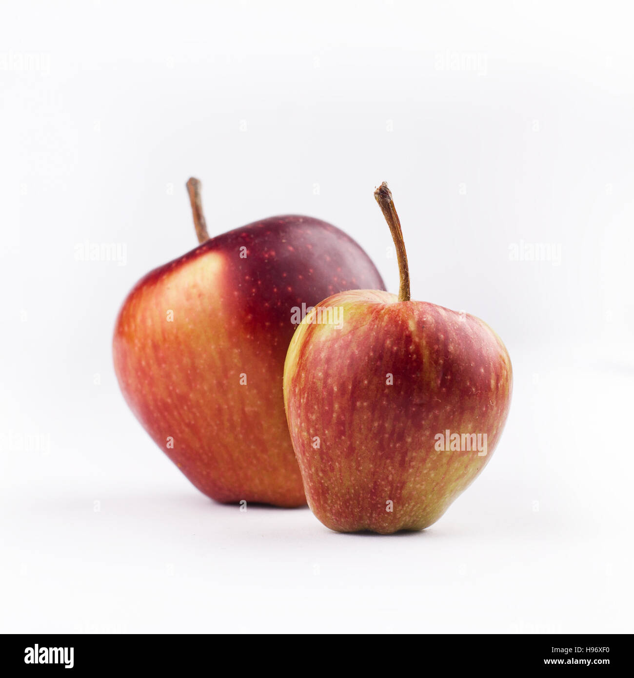 front view of two red apples next to each other isolated on white ...