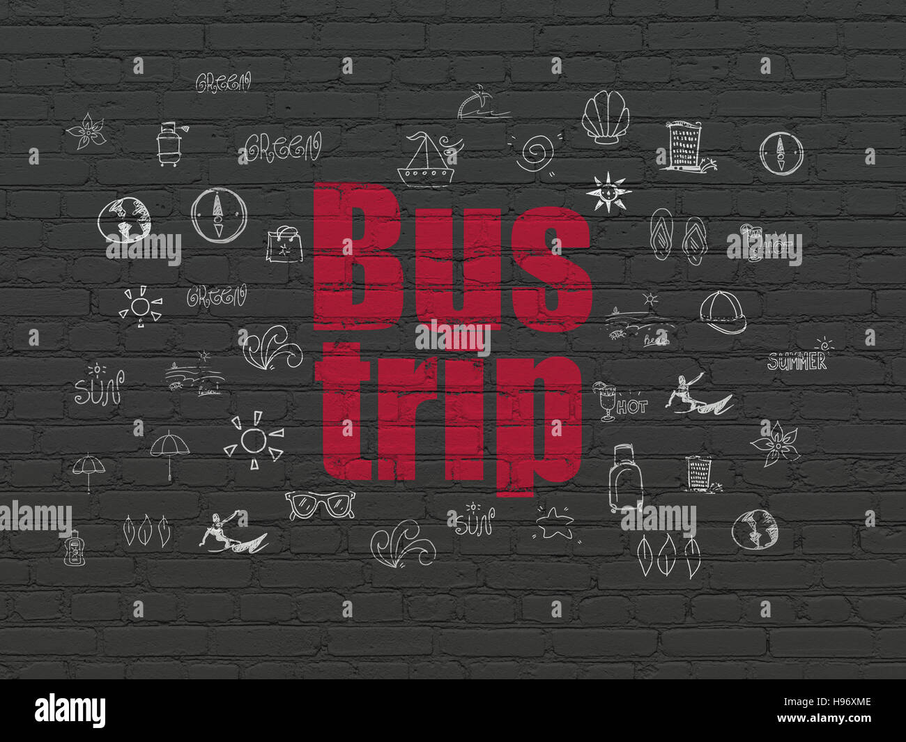 Vacation concept: Bus Trip on wall background Stock Photo - Alamy