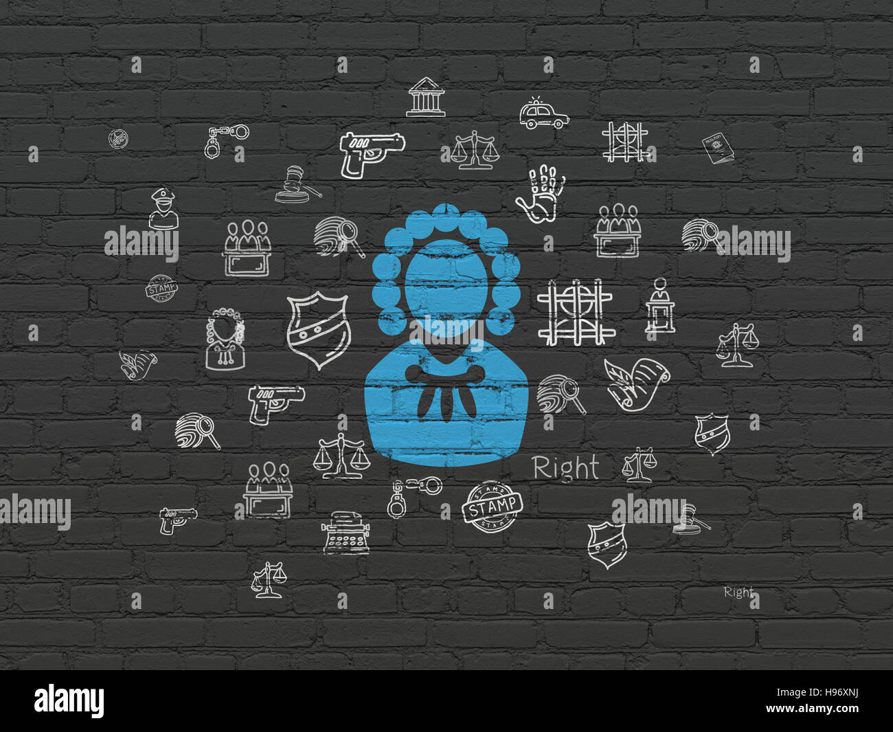 Law concept: Painted blue Judge icon on Black Brick wall background ...