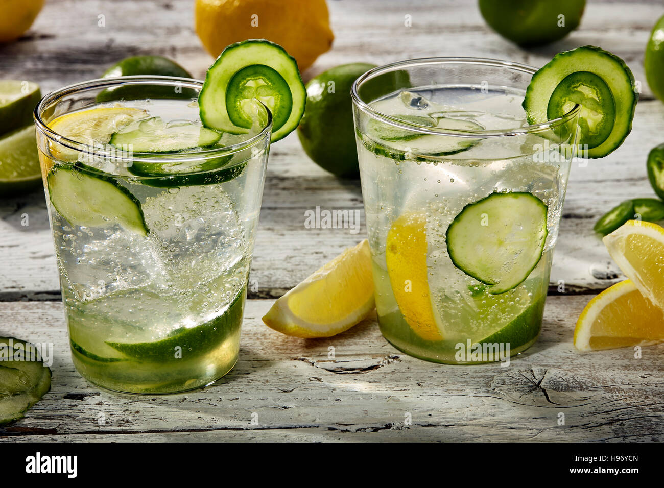 Individual muddled sparkling cucumber beverage hi-res stock photography ...