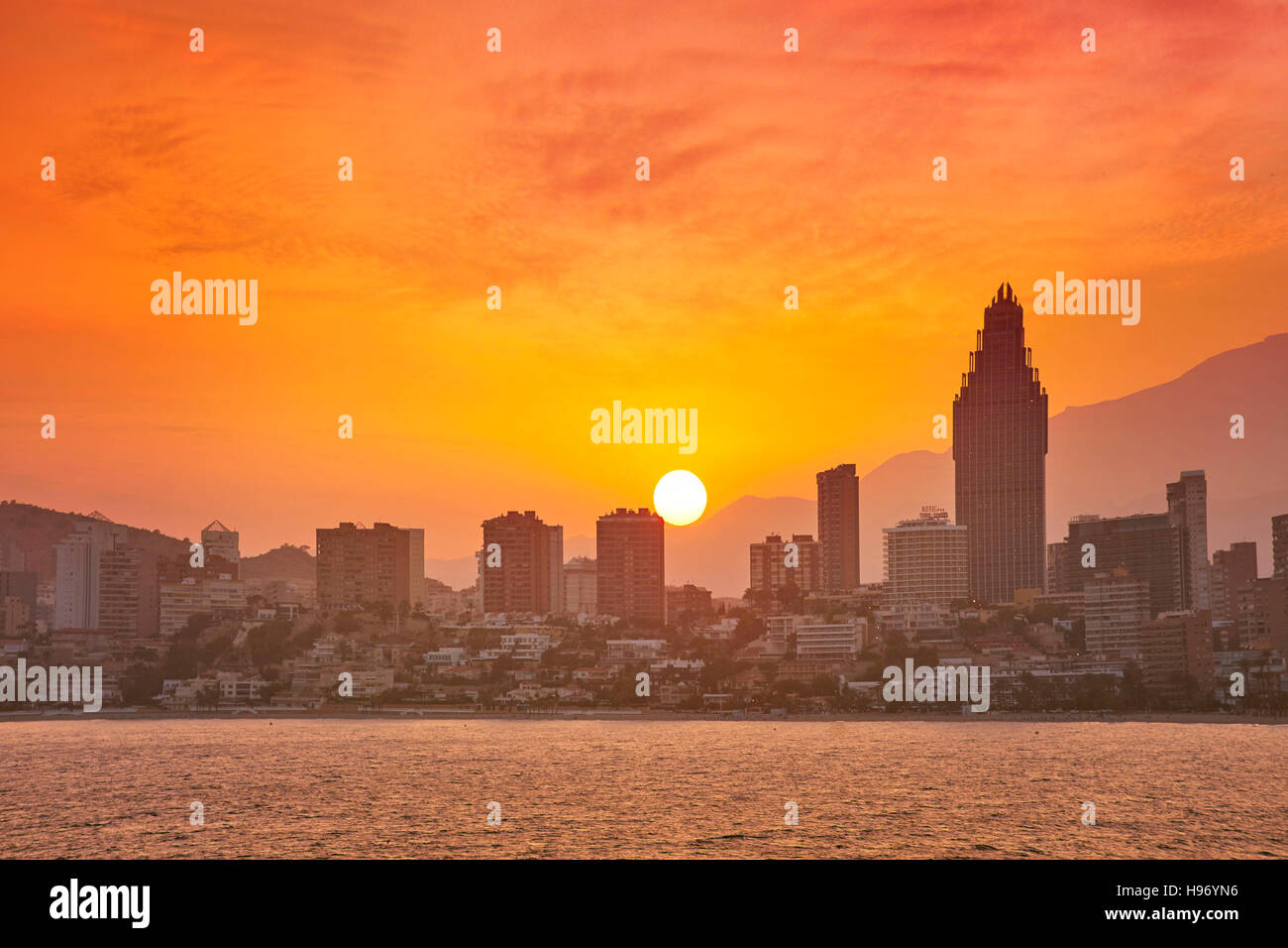 Spain - Benidorm skyline at sunset time Stock Photo - Alamy