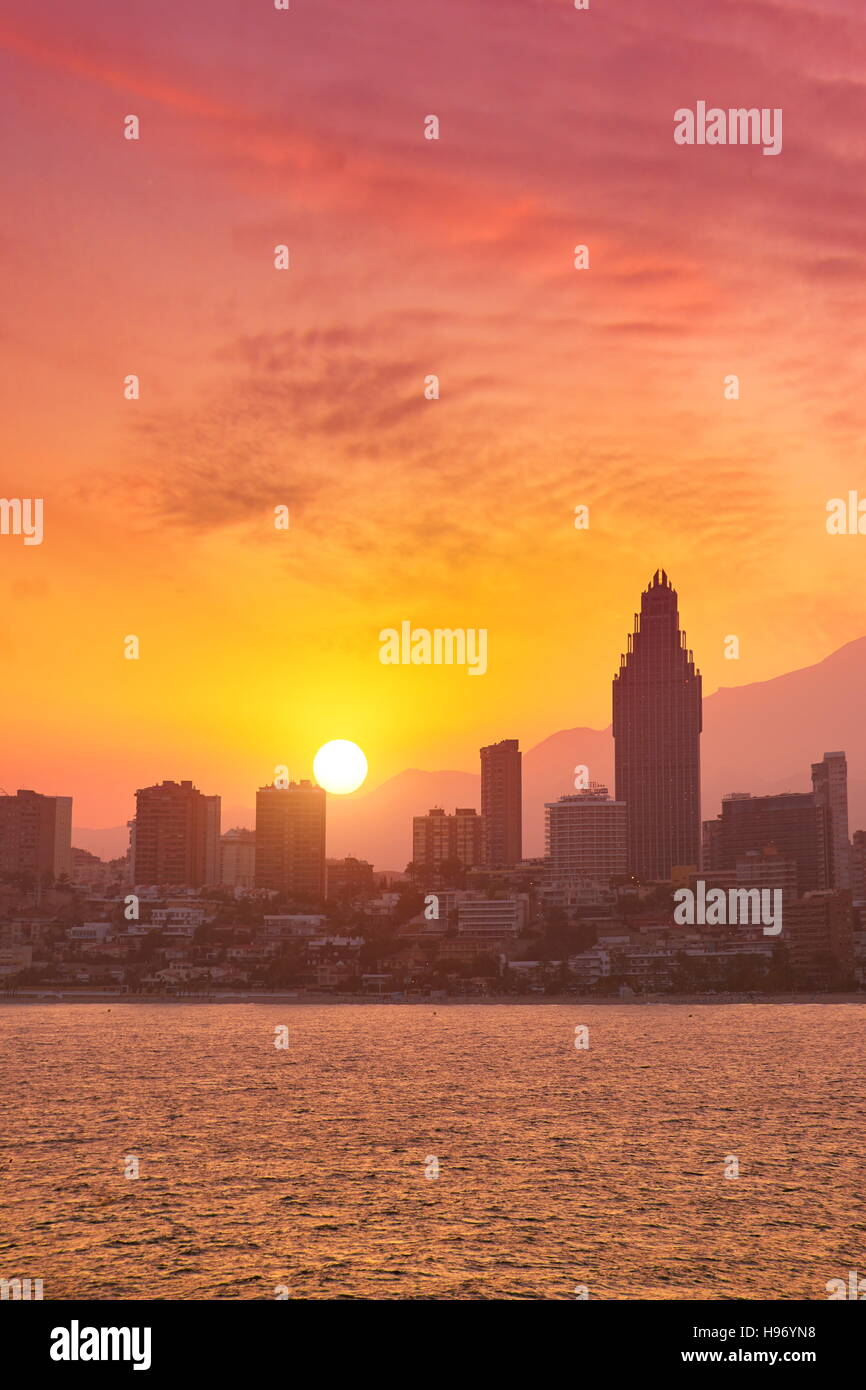 Benidorm skyline at sunset time, Spain Stock Photo - Alamy