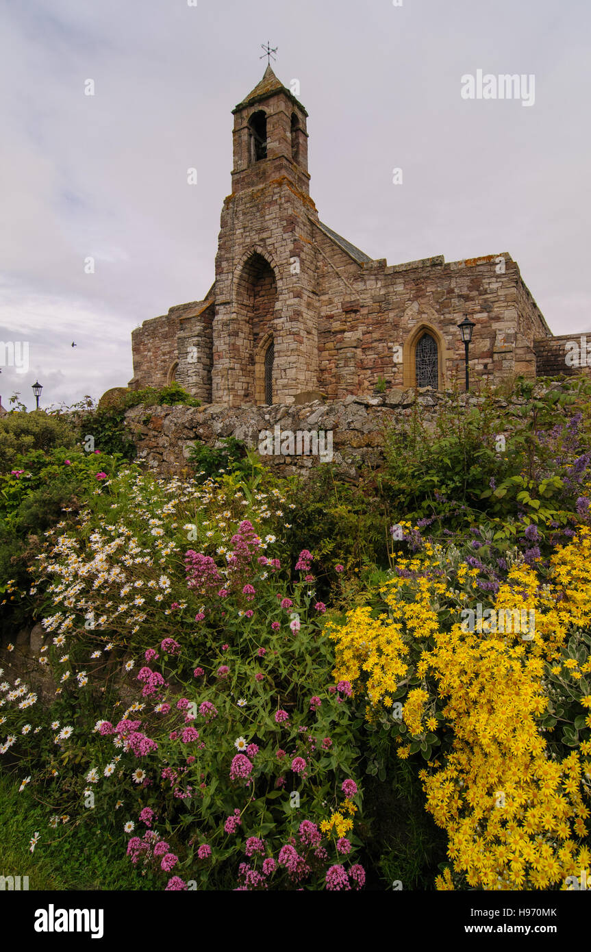 Garden with flowers near an old church on Holy Island, Lindisfarne ...