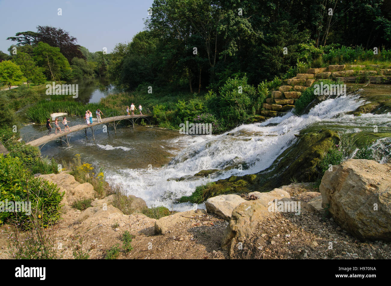 Waterfall in the River Glyme surrounding park and gardens of Blenheim ...