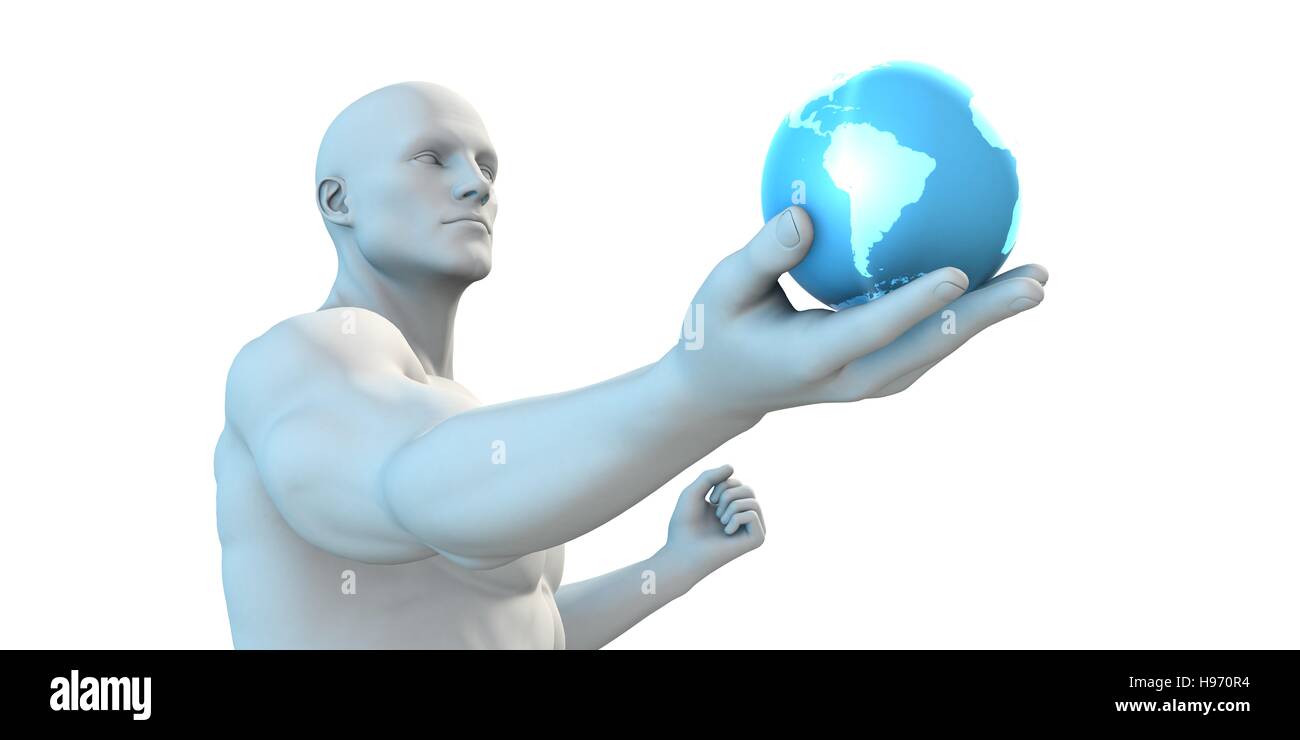 Technology Automation with Android Robot Holding Globe Stock Photo - Alamy