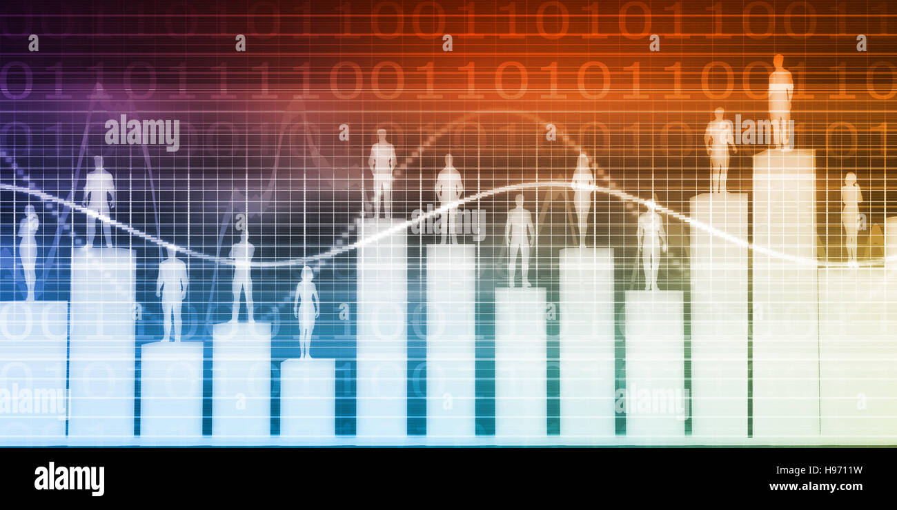 People Standing on a Bar Chart with Different Levels Stock Photo - Alamy