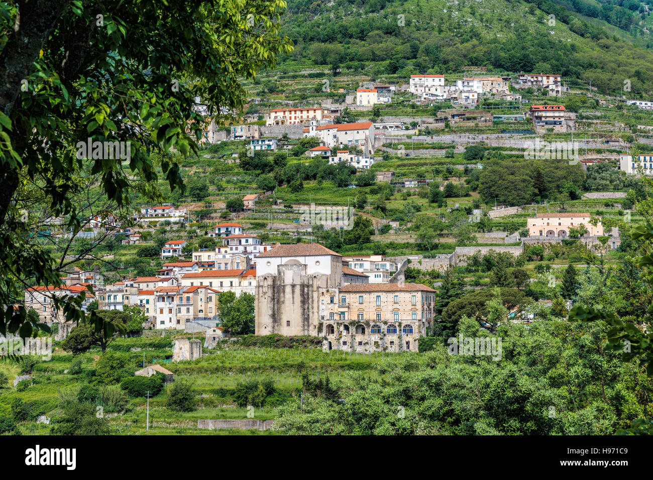 The hilltop town of Scala viewed from Ravello on the Amalfi coast ...