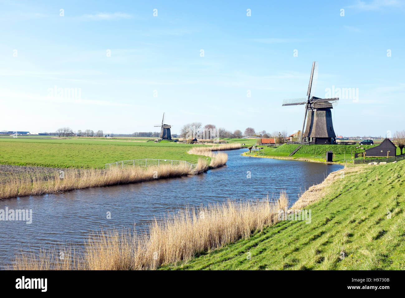 Traditional windmills in a dutch landscape in the Netherlands Stock ...