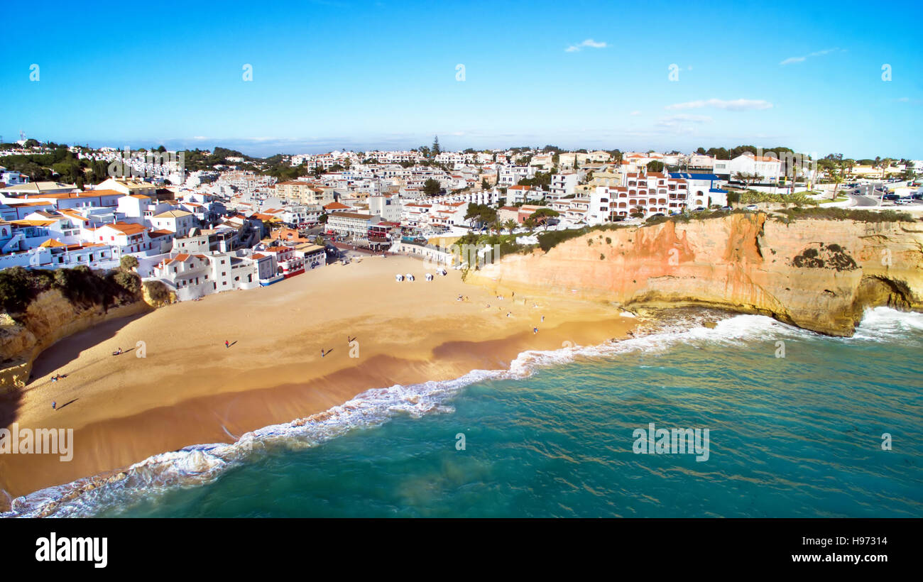 Aerial from the village Carvoeiro in the Algarve Portugal Stock Photo ...