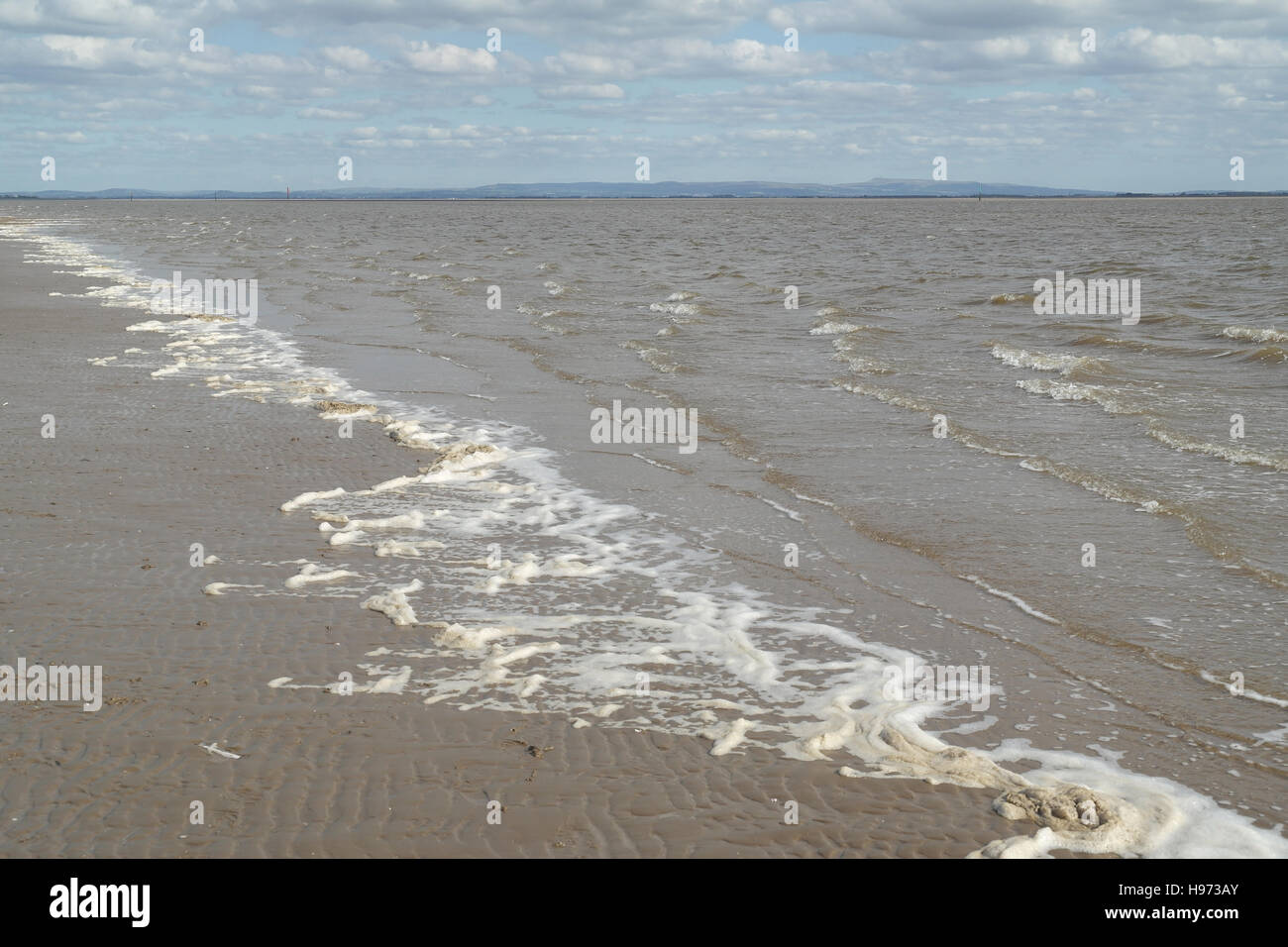 Line of sea foam on sand beach, rising tide channel River Ribble ...