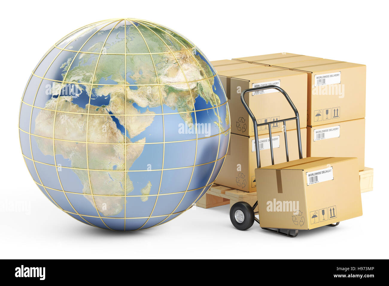 Global shipping and delivery concept, parcels cardboard boxes and Earth. 3D rendering isolated ...
