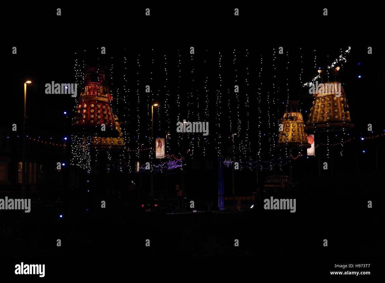 Night view, looking south to Mandarin Lights, illuminated Dalek Wars ...