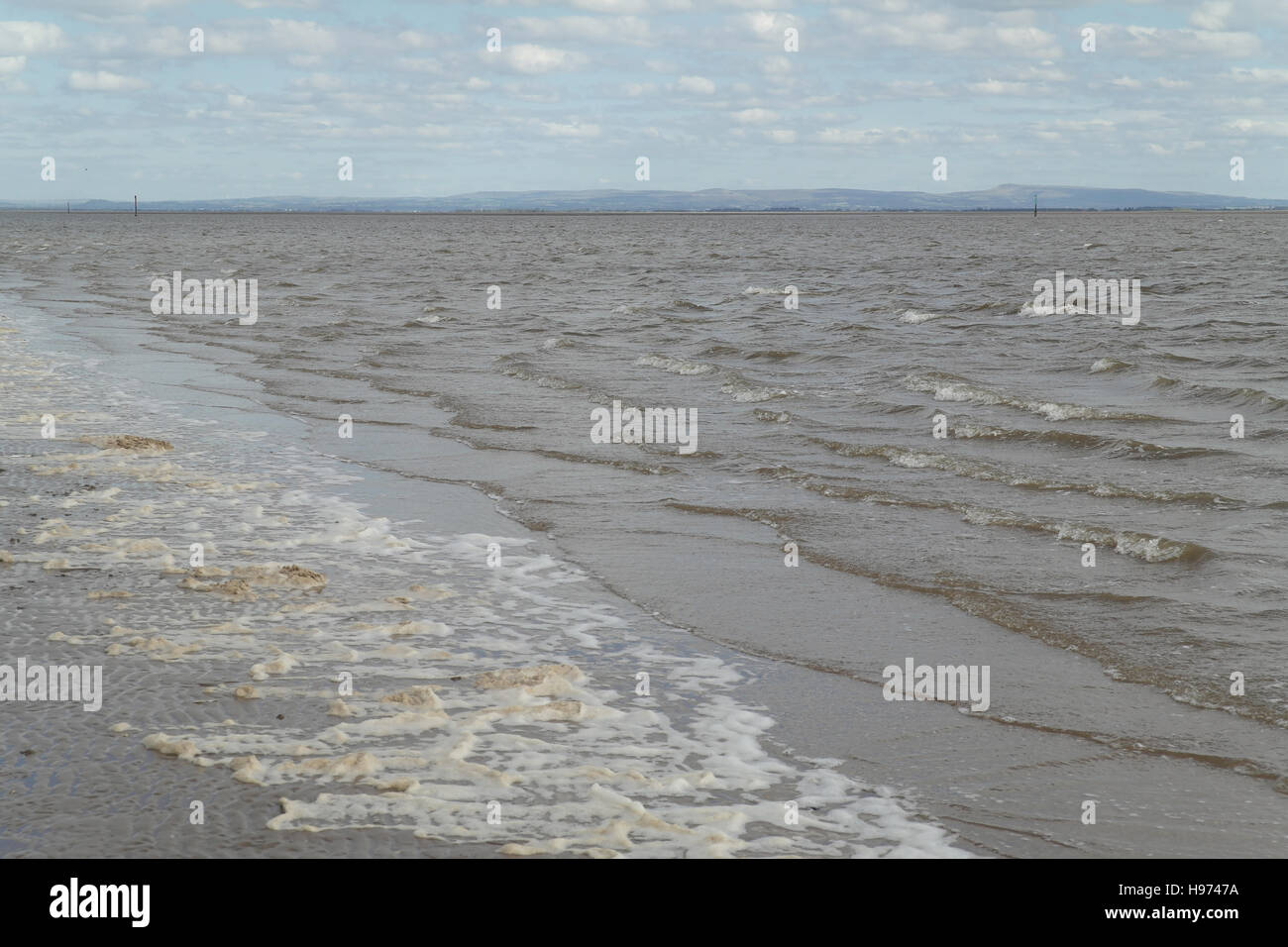 Sea foam on sand beach, rising tide channel River Ribble Estuary ...