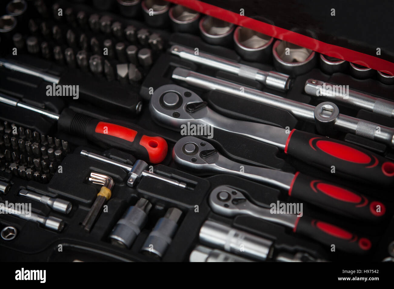 Close up shot of a tool box with various wrenches Stock Photo - Alamy