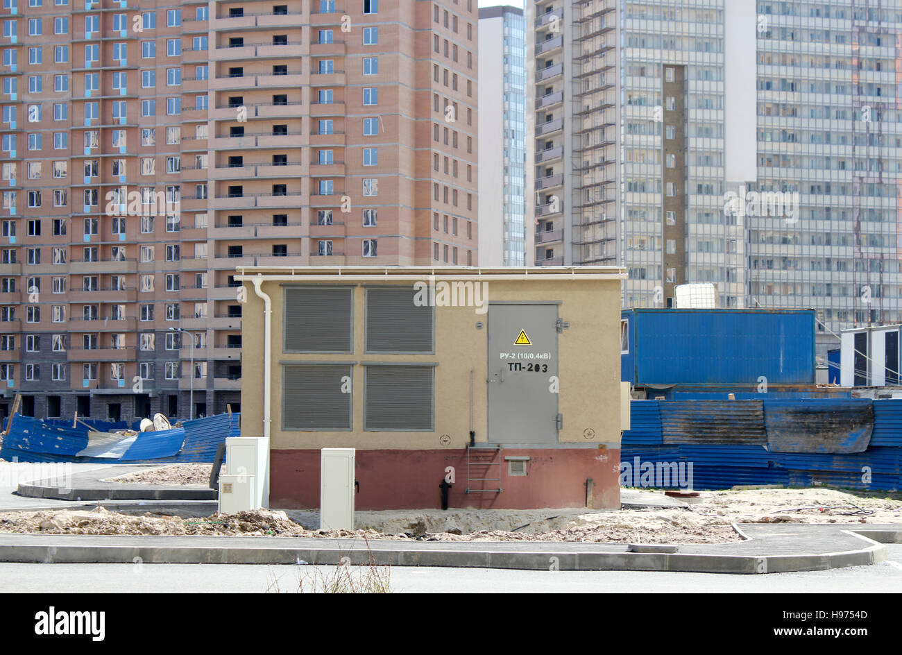 Transformer box and new buildings Stock Photo - Alamy