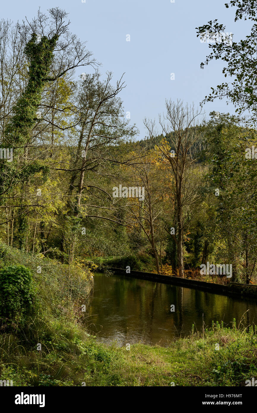 Water canalized in the river ason, dam in the town of Udalla, Cantabria ...