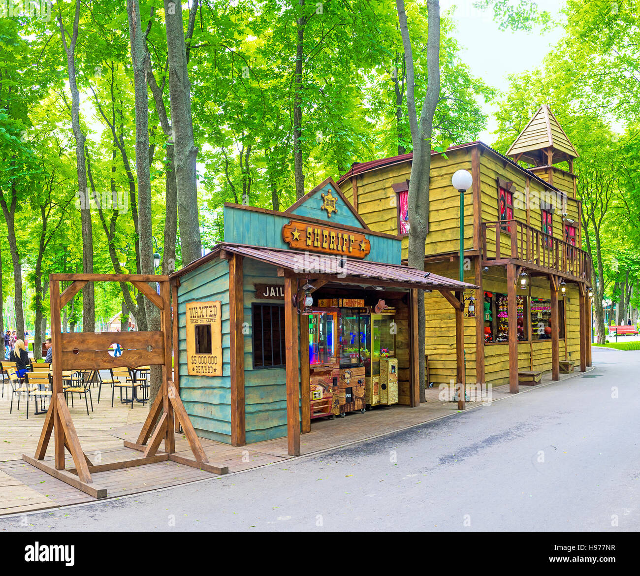 The stalls and cafes in Western style town in Central Park decorated as ...