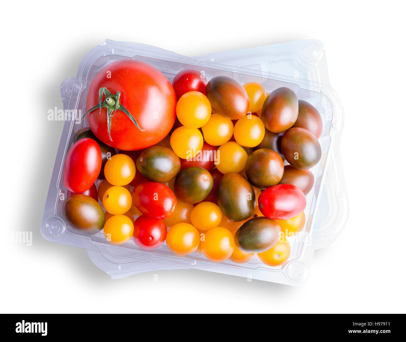 Top down view on various grape, medium sized and cherry tomatoes in ...