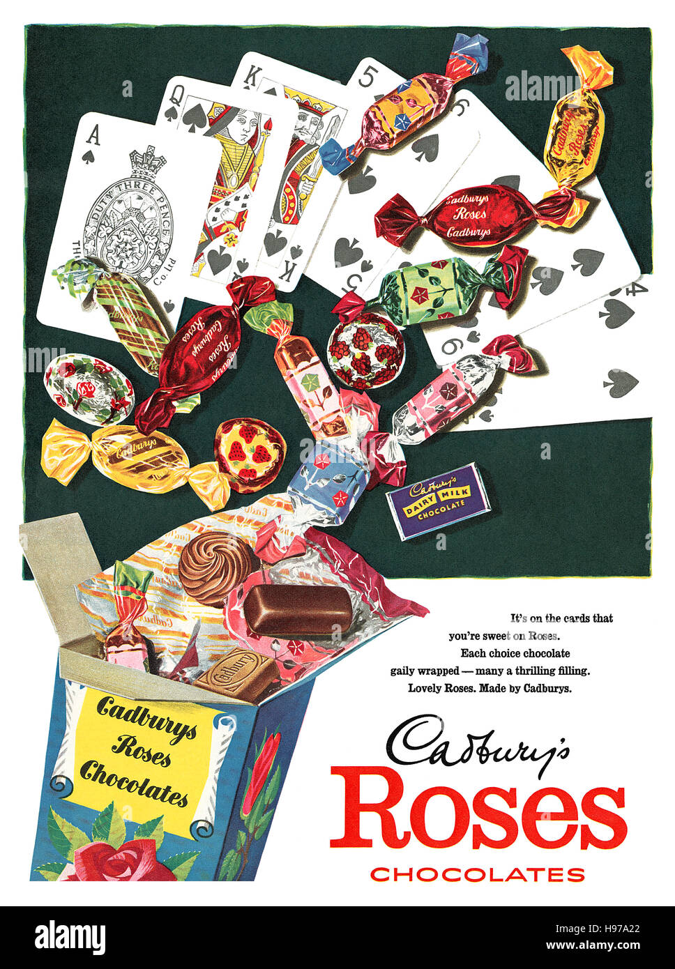 1957 British advertisement for Cadbury's Roses Chocolates Stock Photo ...