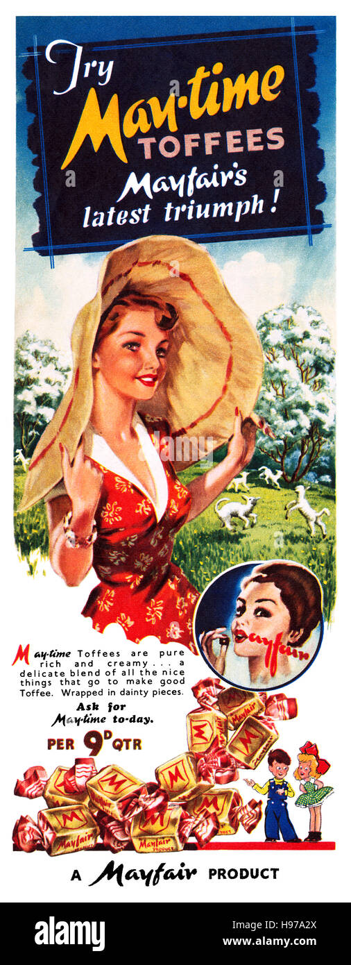 1951 British advertisement for Mayfair May-Time Toffees Stock Photo - Alamy