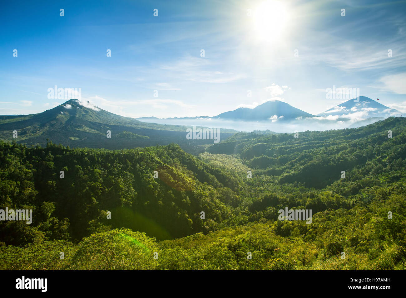 Panoramic view of Batur volcano and Agung mountain, Bali, Indonesia ...