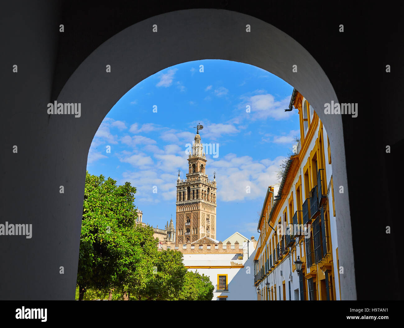 Seville cathedral Giralda tower from Alcazar arch door of Sevilla ...
