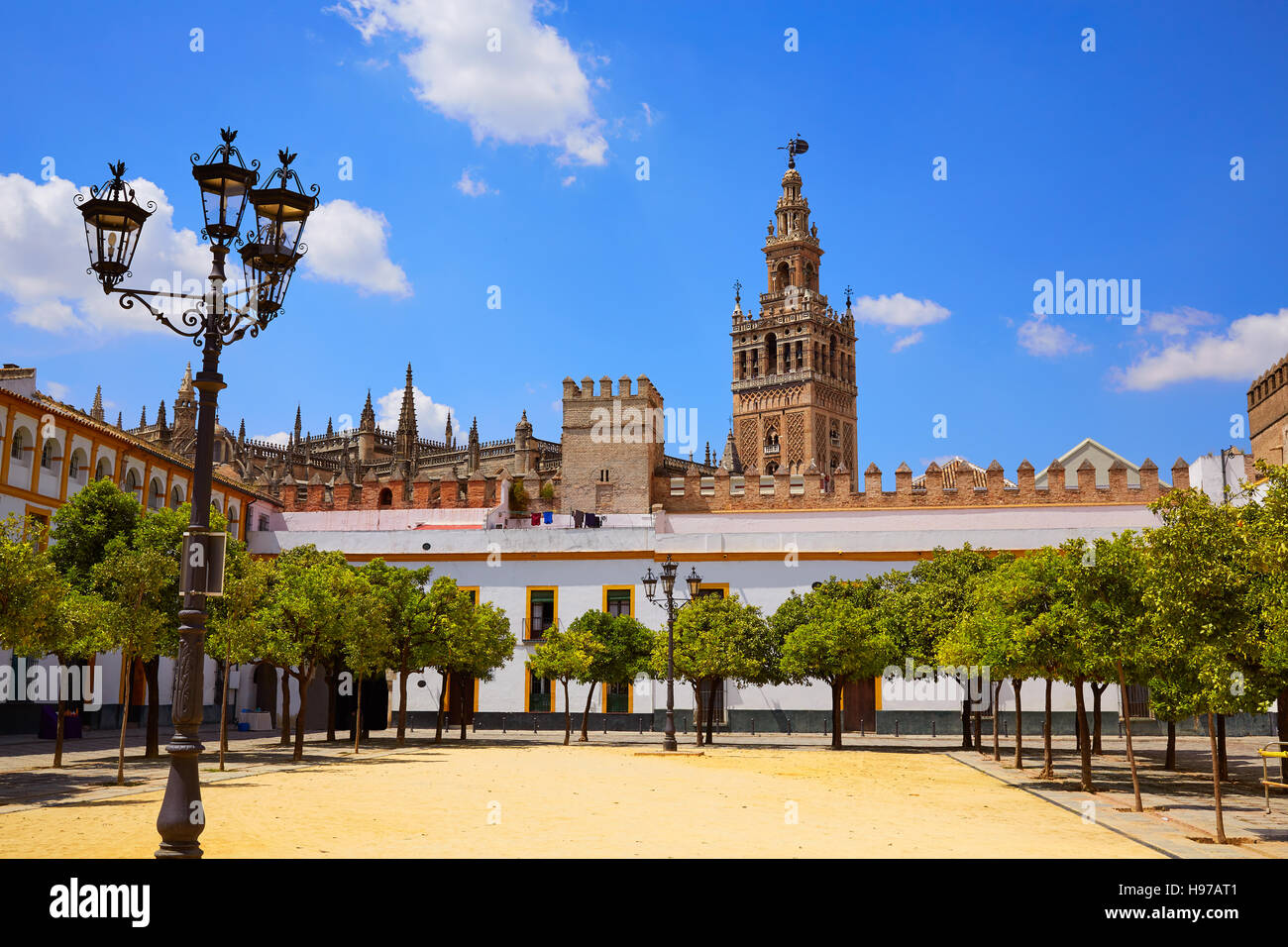 Seville cathedral Giralda tower from Alcazar of Sevilla Andalusia Spain ...