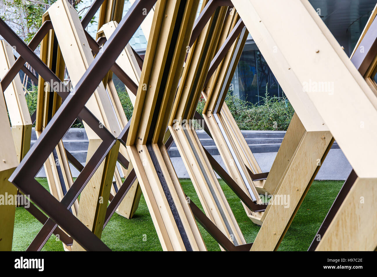 Wood and steel structure background Stock Photo - Alamy