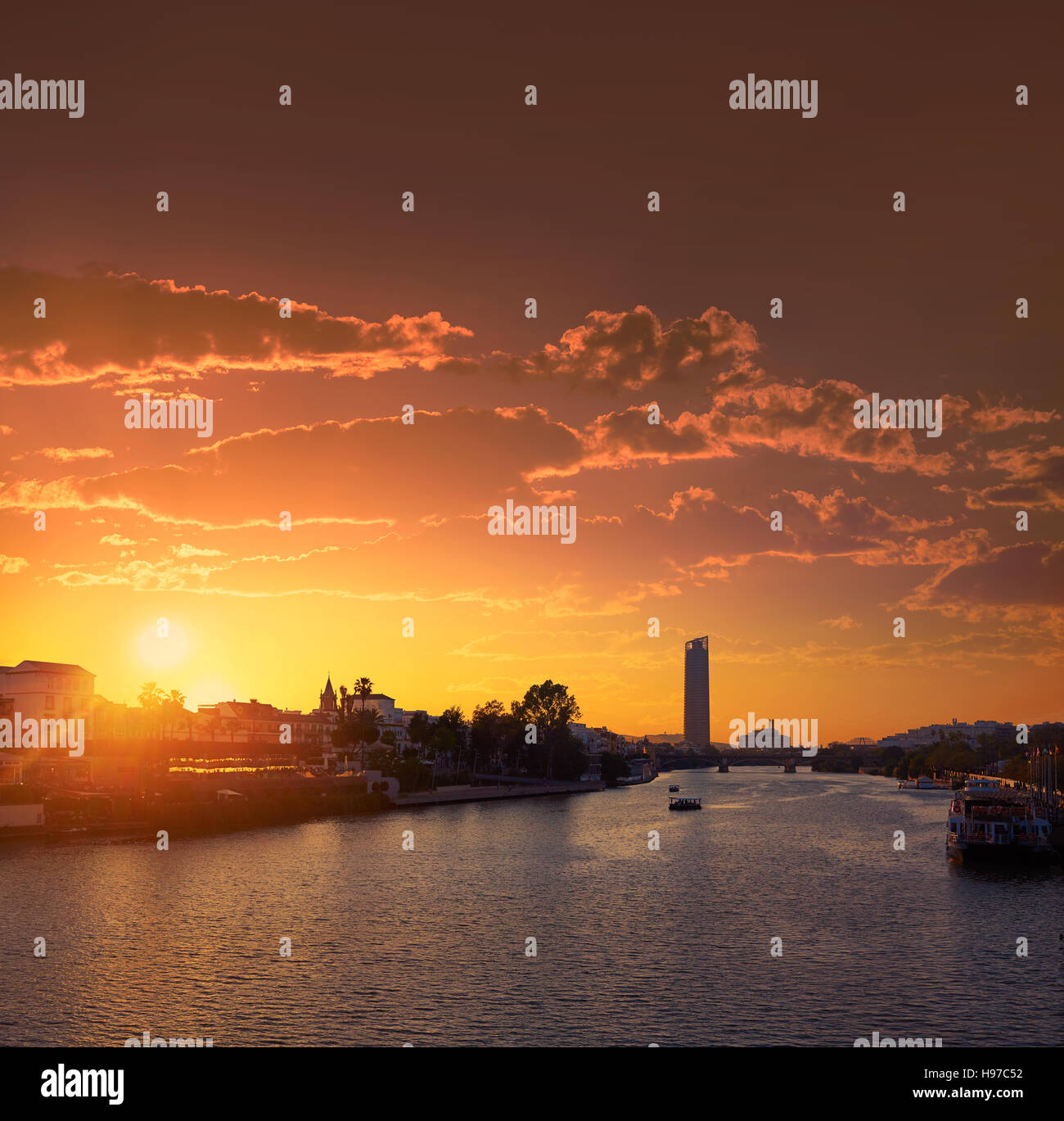 Seville sunset skyline torre del Oro in Sevilla Andalusia Spain Stock ...