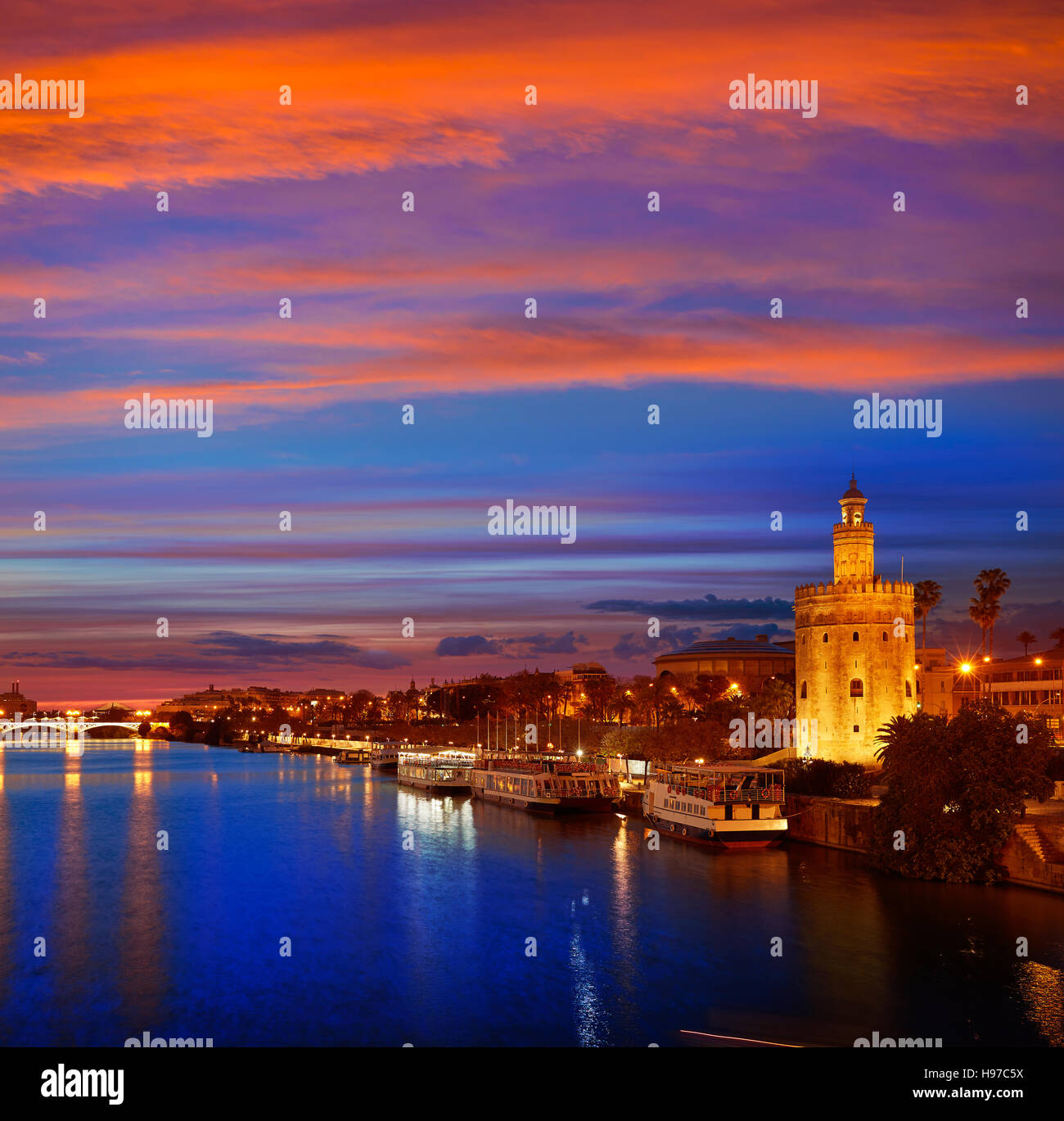 Seville sunset skyline torre del Oro in Sevilla Andalusia Spain Stock ...