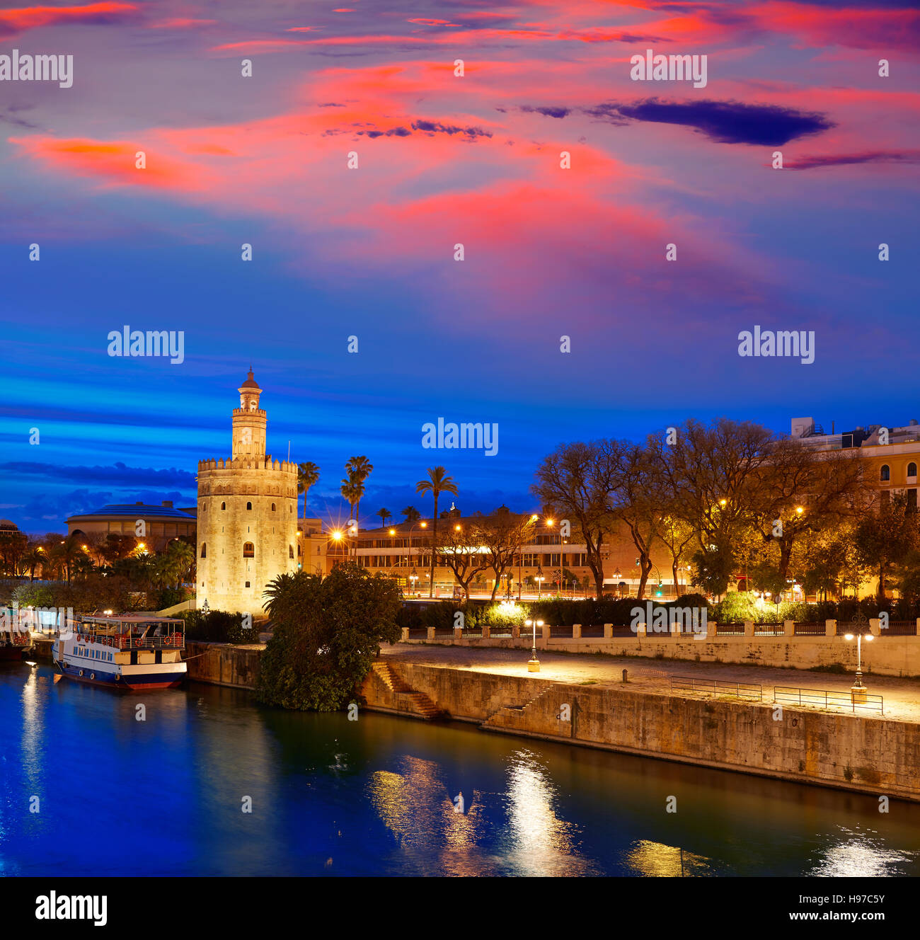 Seville sunset skyline torre del Oro in Sevilla Andalusia Spain Stock ...