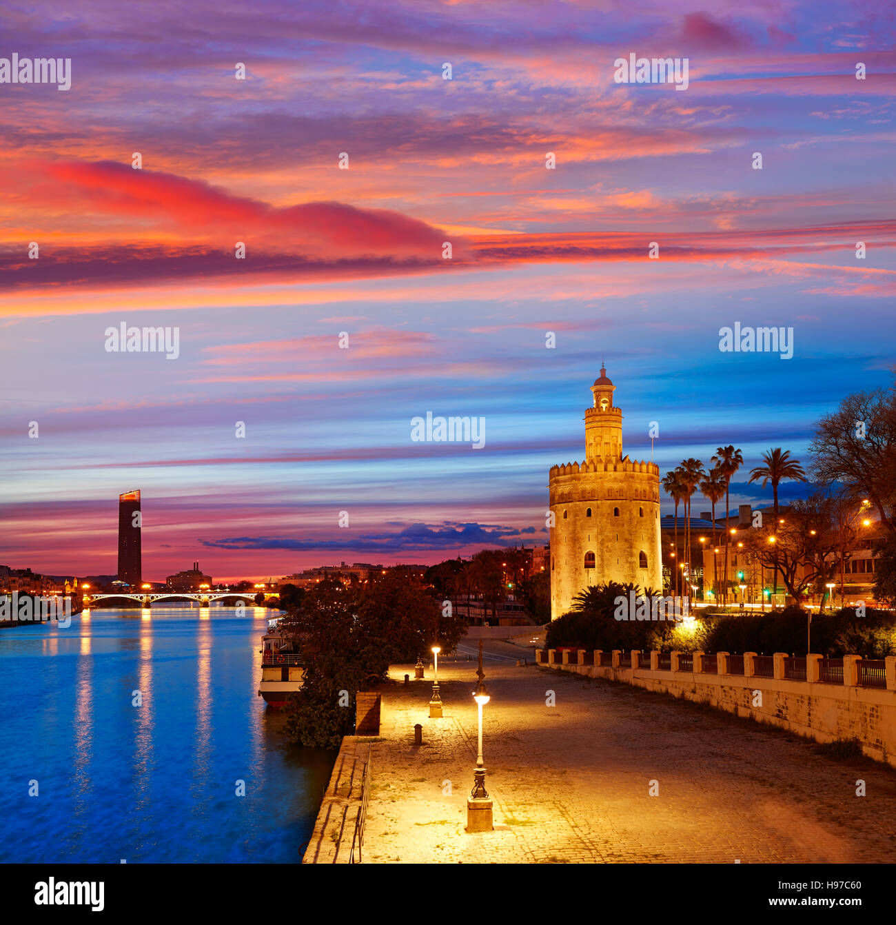 Seville sunset skyline torre del Oro in Sevilla Andalusia Spain Stock ...