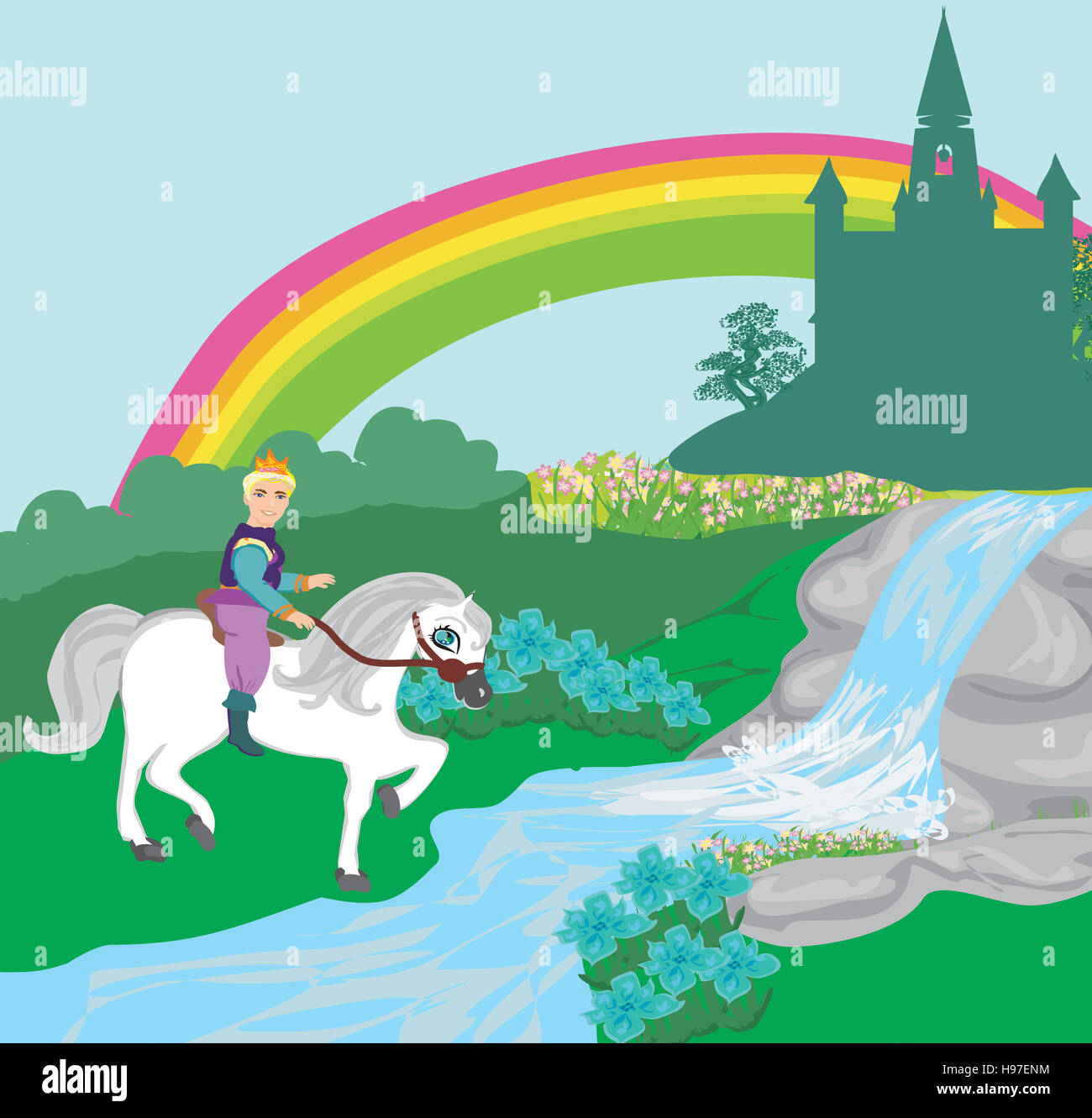 Prince riding a horse to the castle Stock Photo - Alamy